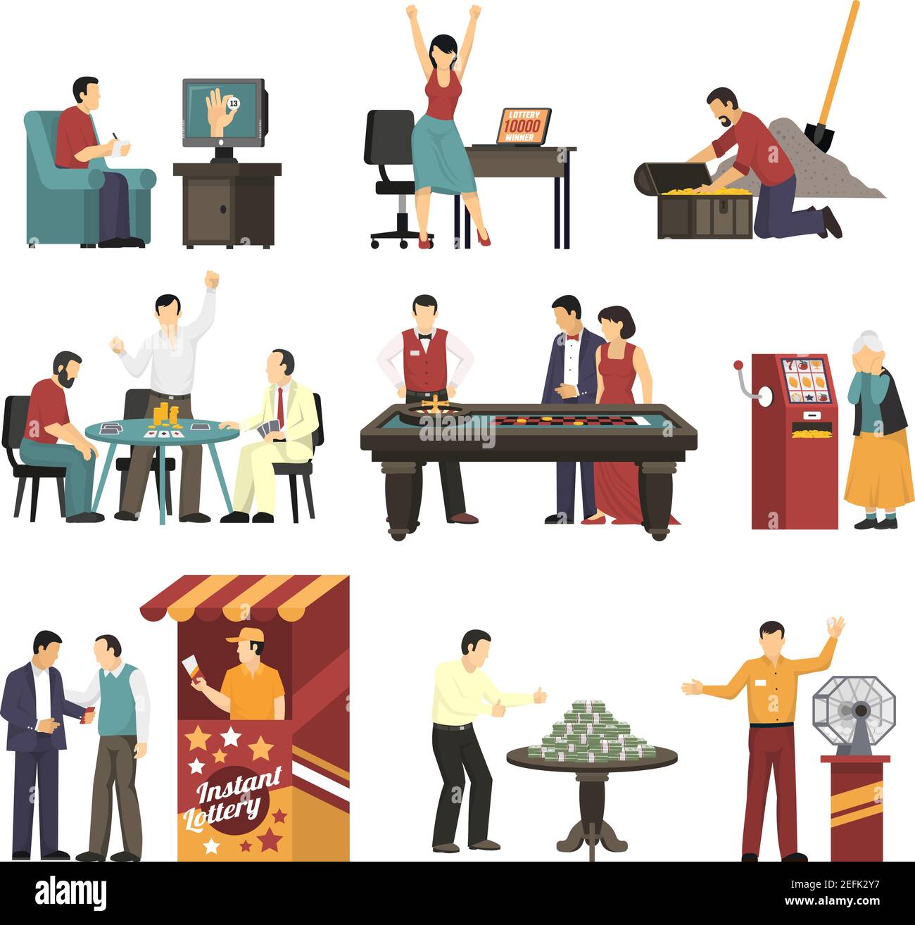 Winning icons set with game and bingo symbols flat isolated vector ...