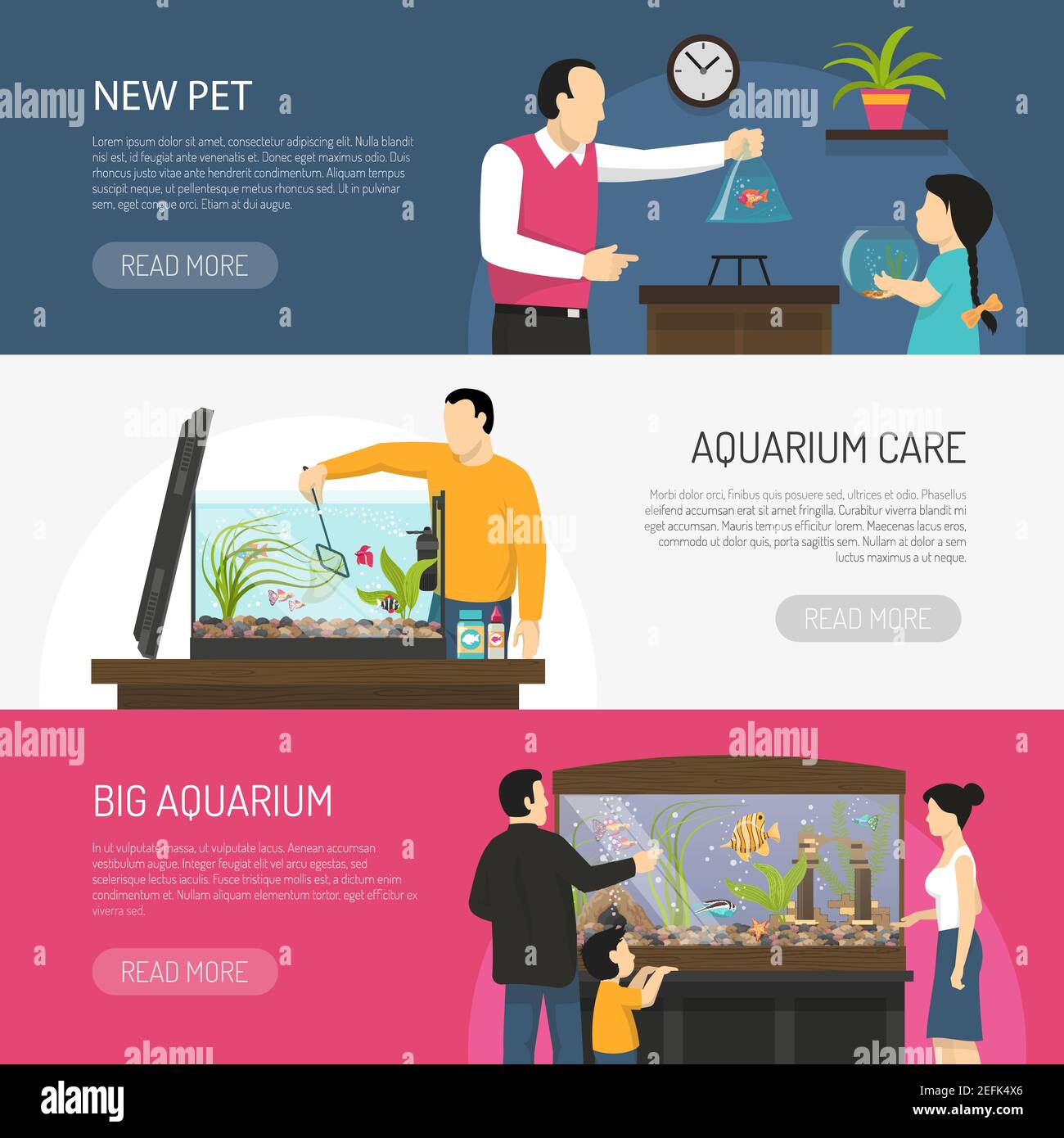 Horizontal flat aquarium banners with people watching and buying fish ...