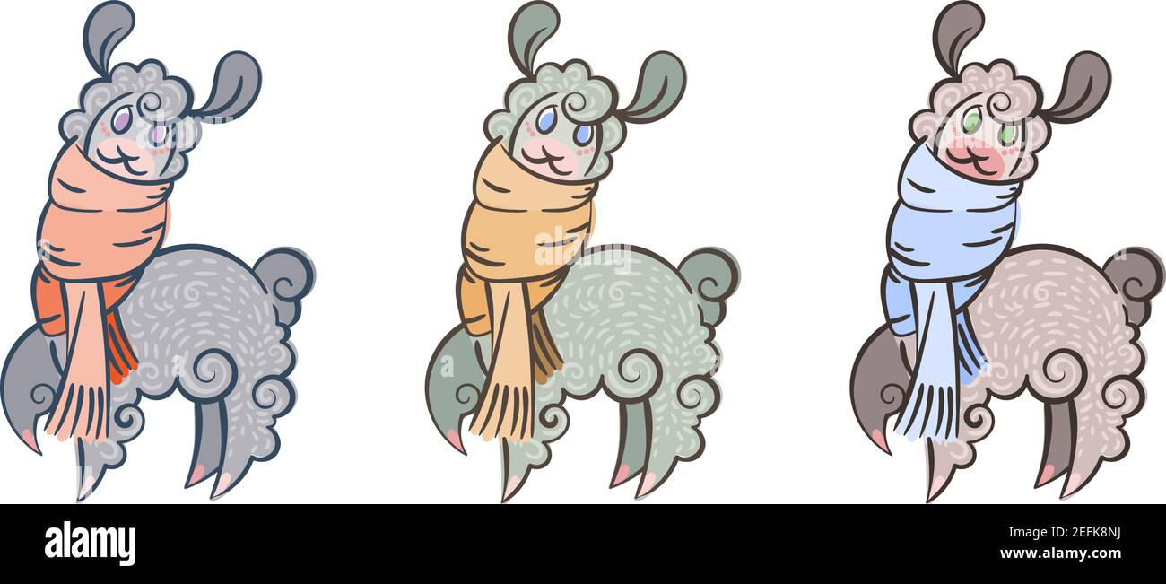 Set of cute curly alpacas in a warm and cozy scarf. Illustration with ...
