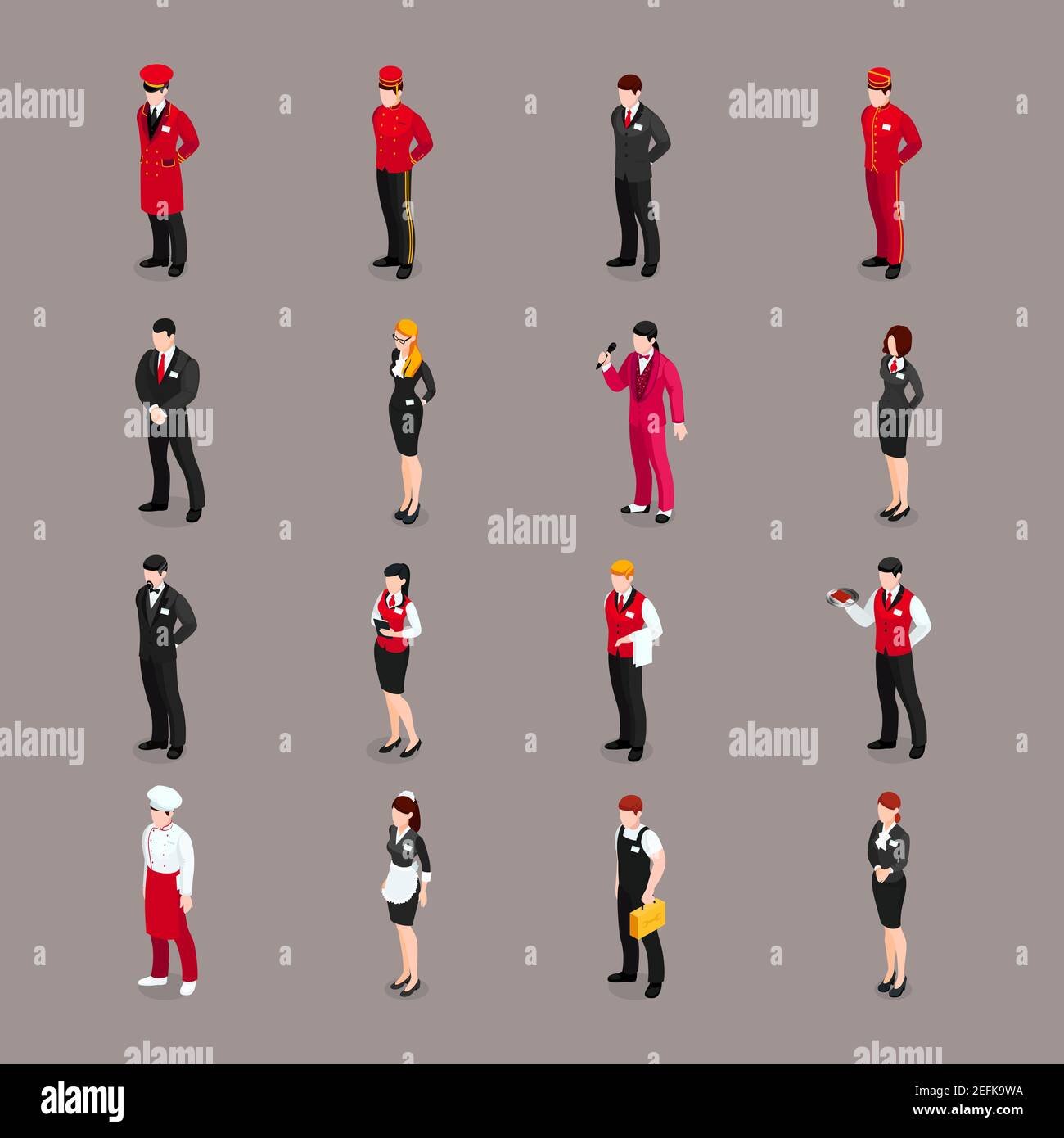 Valet set of isolated hotel employee characters bell attendants waiters ...