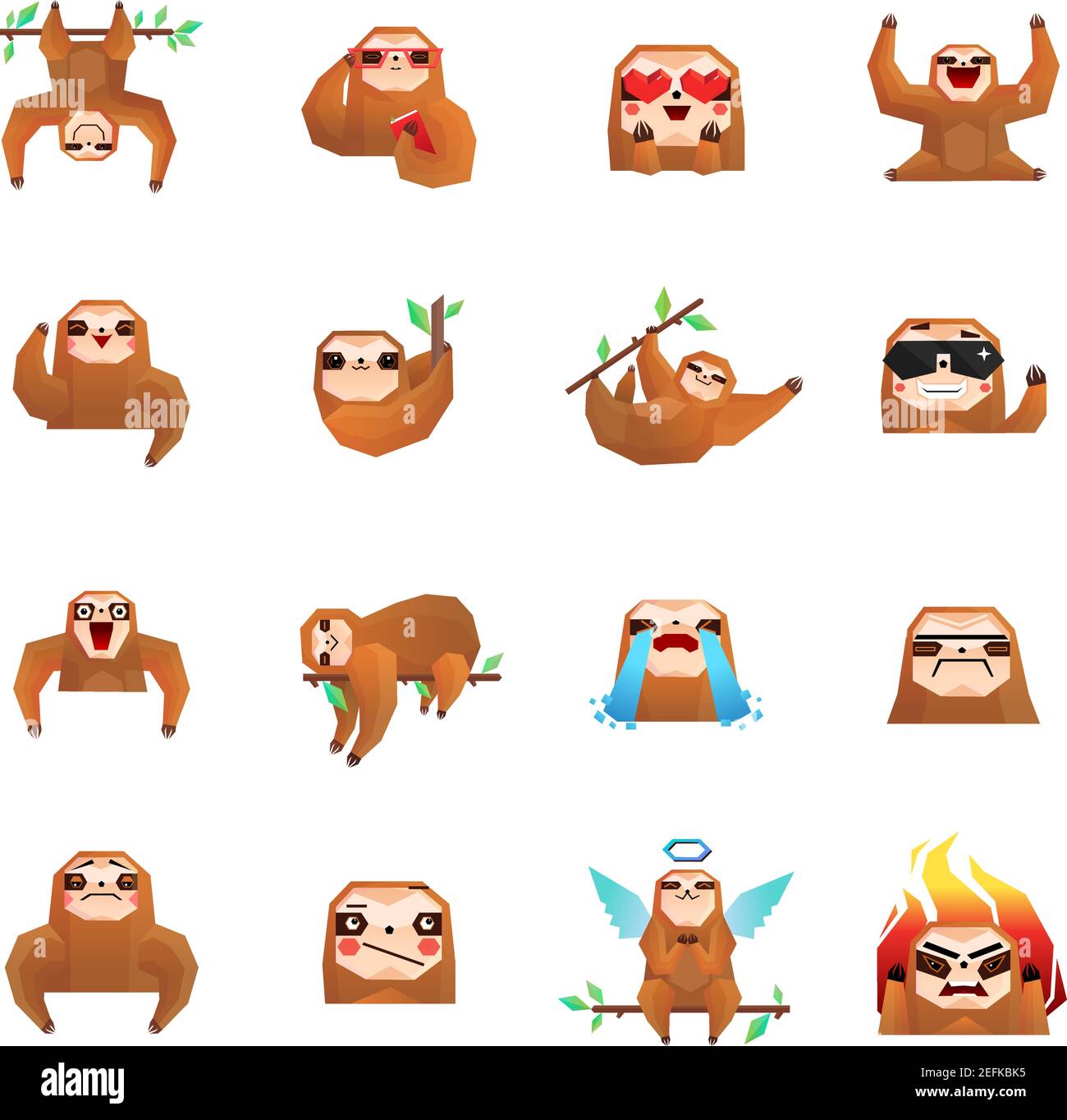 Sloth polygonal big set of flat isolated tree sloth cartoon character ...