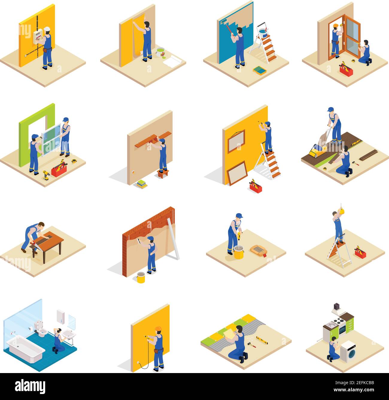 Home repair isometric set with workers doing maintenance isolated ...