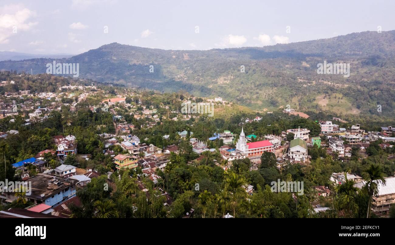 An aerial view of the town of Haflong set in the hills of the North ...