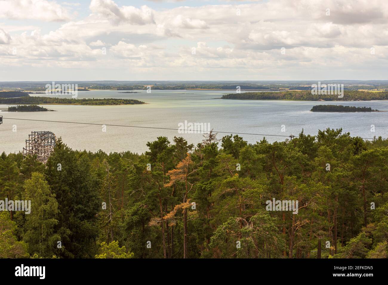Beautiful Baltic sea view and cable car on blue sky with white clouds ...