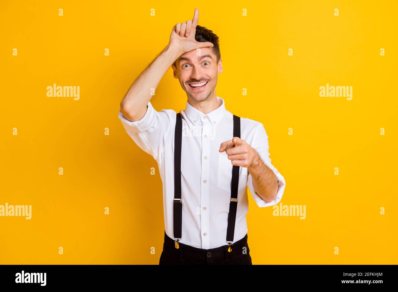 Photo portrait of rude arrogant man showing loosing sign pointing on ...