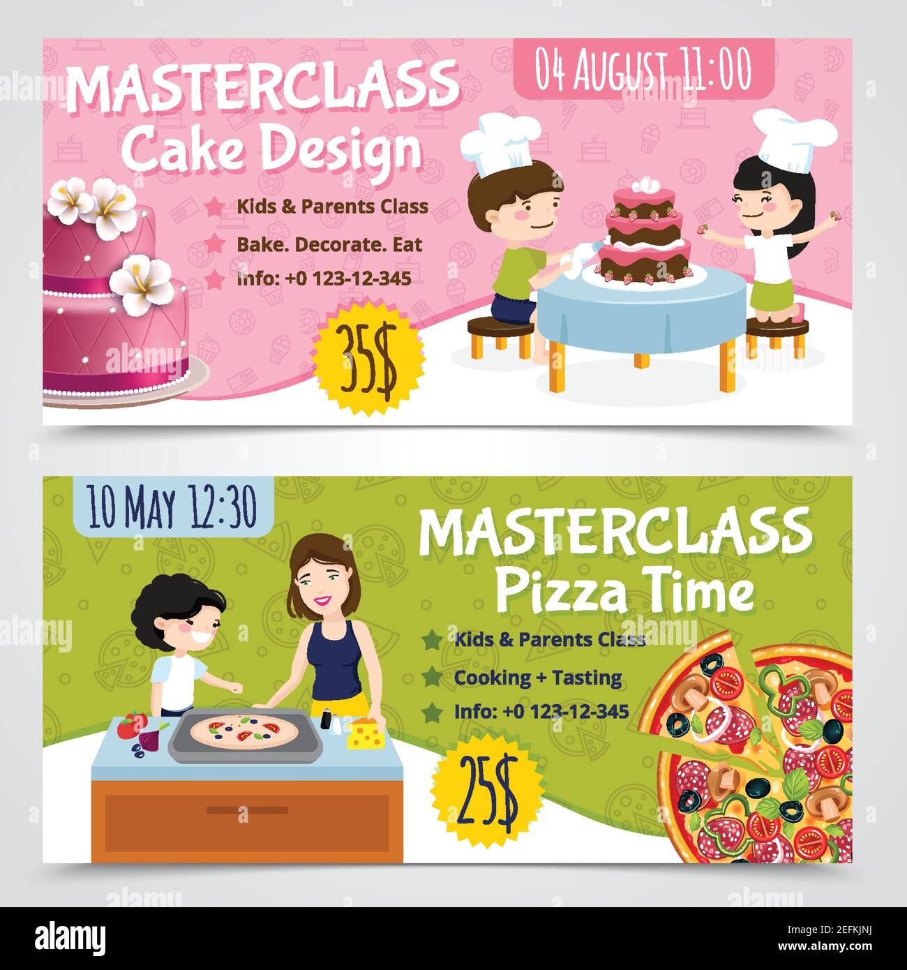 Kids cooking horizontal banners set of two cartoon show bills pizza and ...