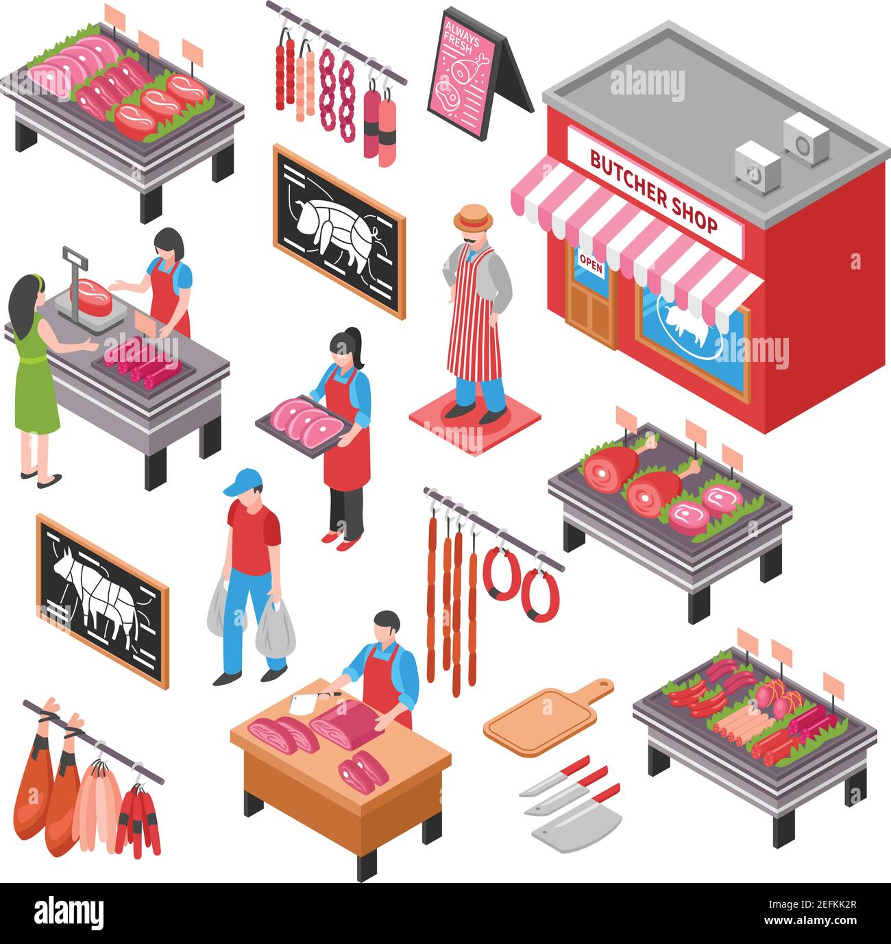 Butcher shop isometric set with sellers and customers meat products ...