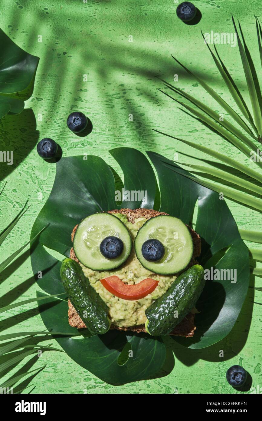 Funny Frog Toast With Cucumber And Mashed Avocado Stock Photo - Alamy