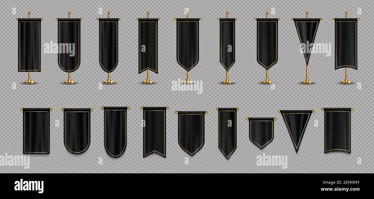 Pennant flags of black and gold colors mockup, blank vertical banners ...