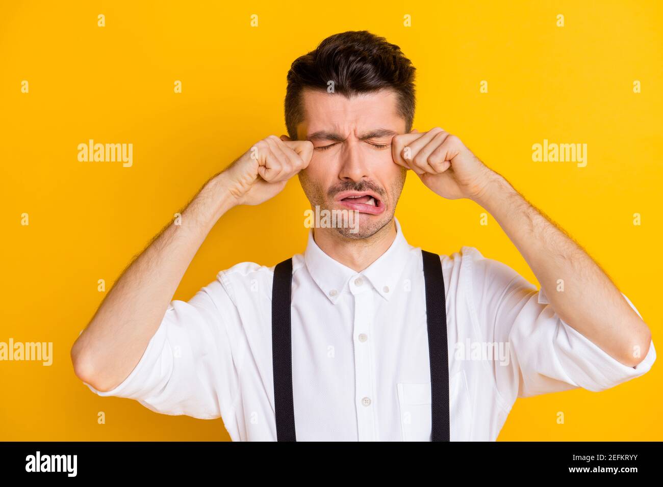 Photo portrait of childish guy grimacing crying tears unhappy sad ...