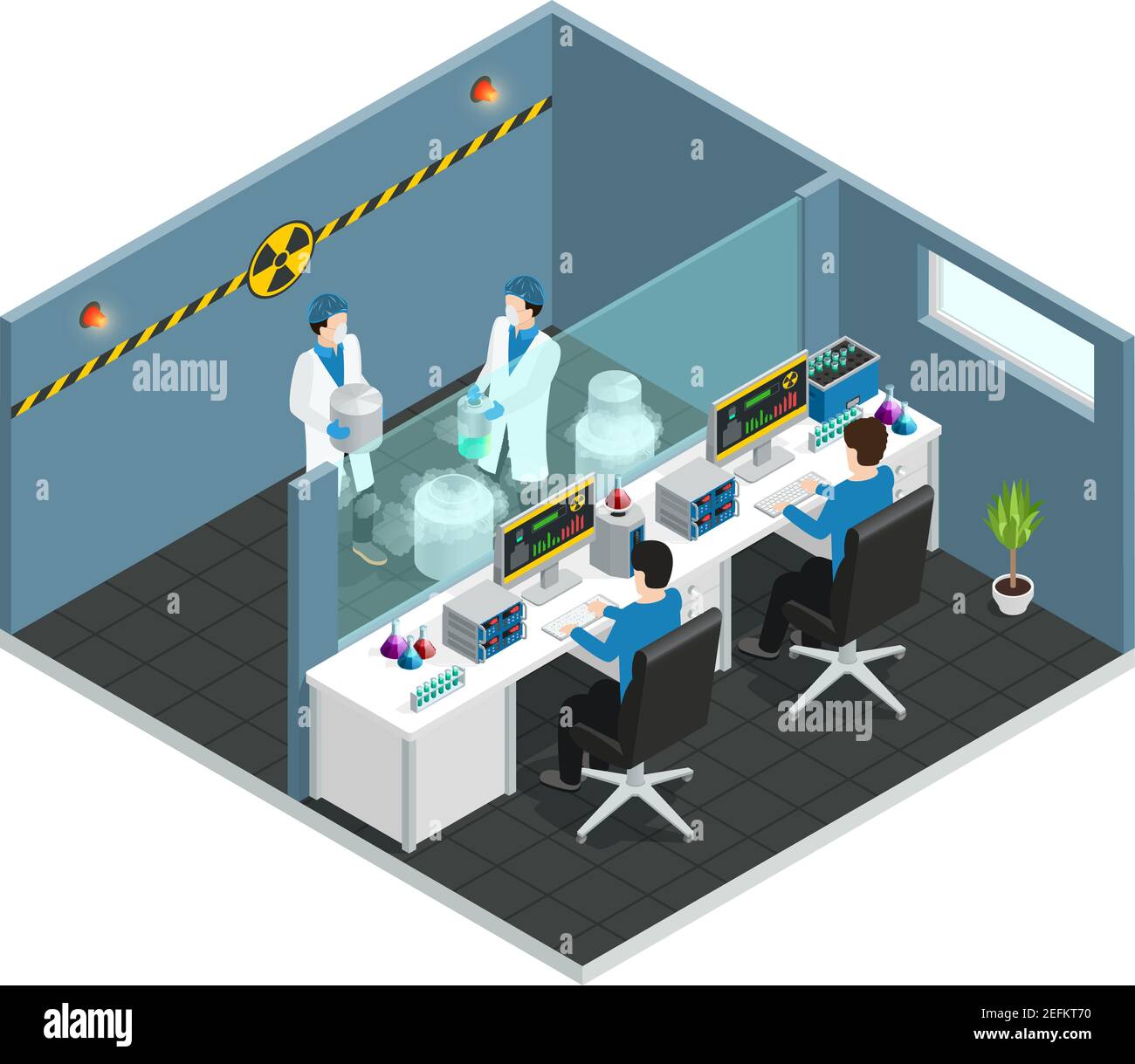 Scientific laboratory isometric concept with assistants working in ...