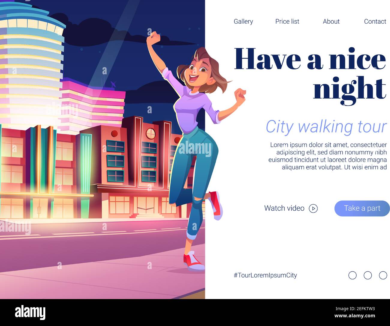 City walking tour banner. Travel concept, vacation with night walks ...