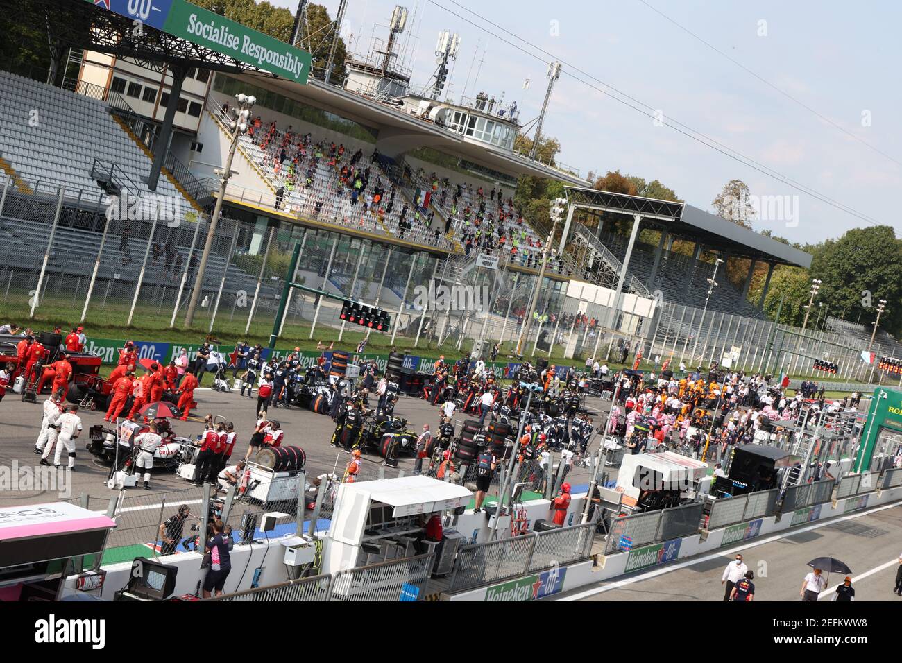 Starting grid in front of empty grandstands, gradins, during the Formula 1 Gran Premio Heineken ...