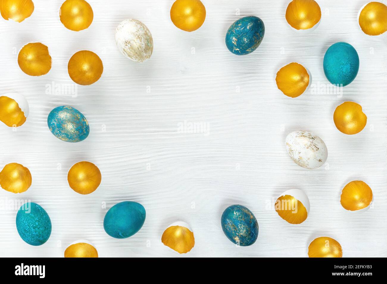 Happy Easter frame with turquoise and gold eggs for advertising banner ...