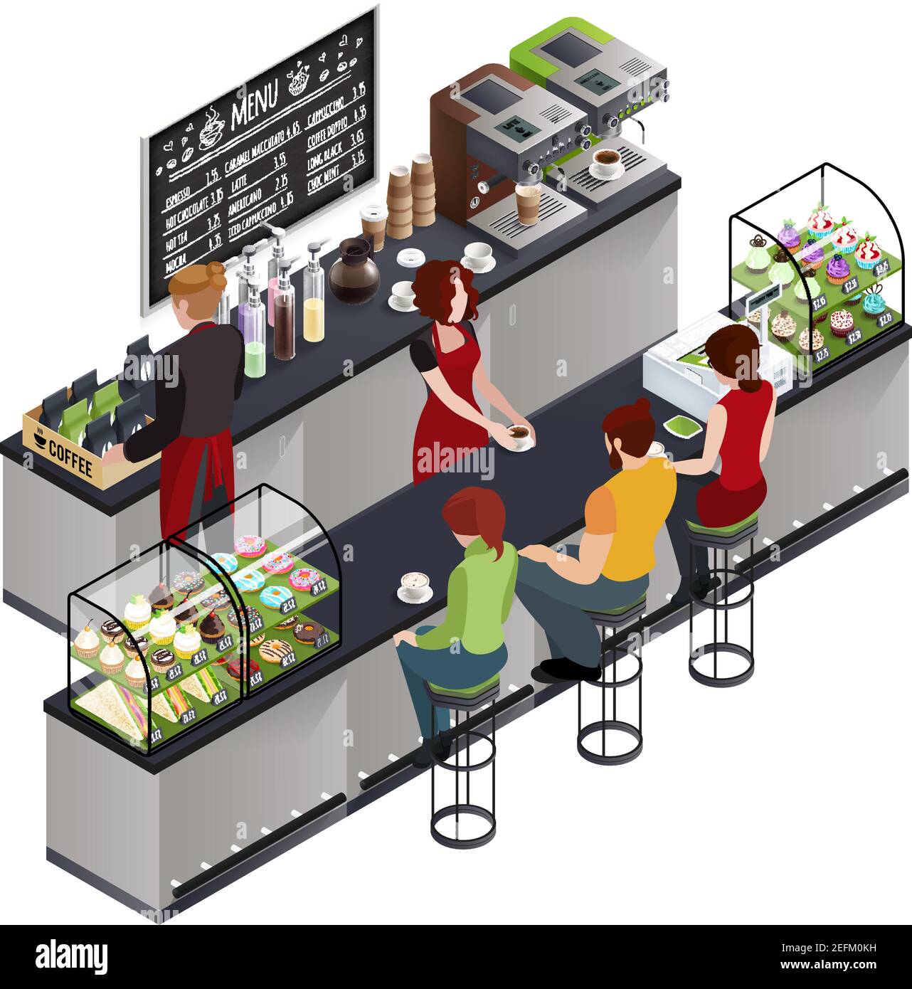Hipsters at coffee shop bar counter isometric modern colorful cafe ...