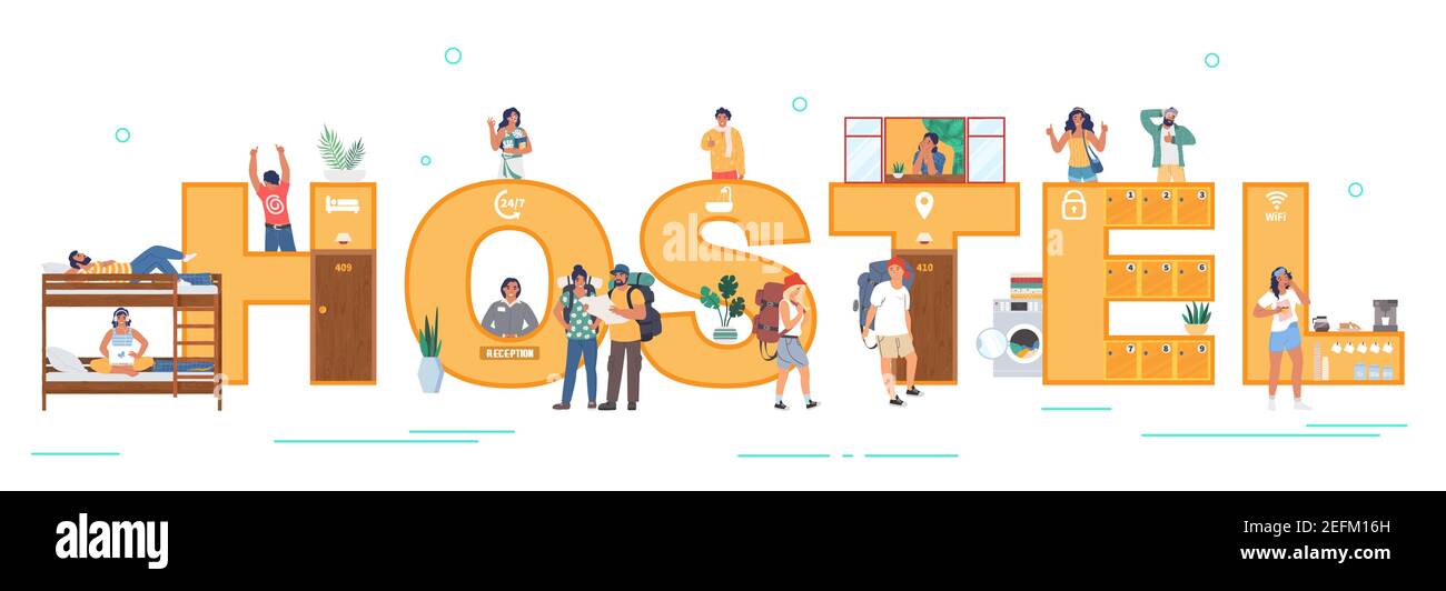 Hostel typography banner, flat vector illustration. Budget tourists ...