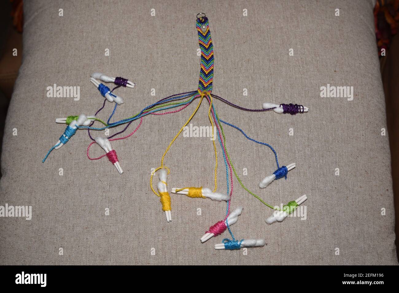 DIY craft project of weaving thread into a friendship bracelet with ...