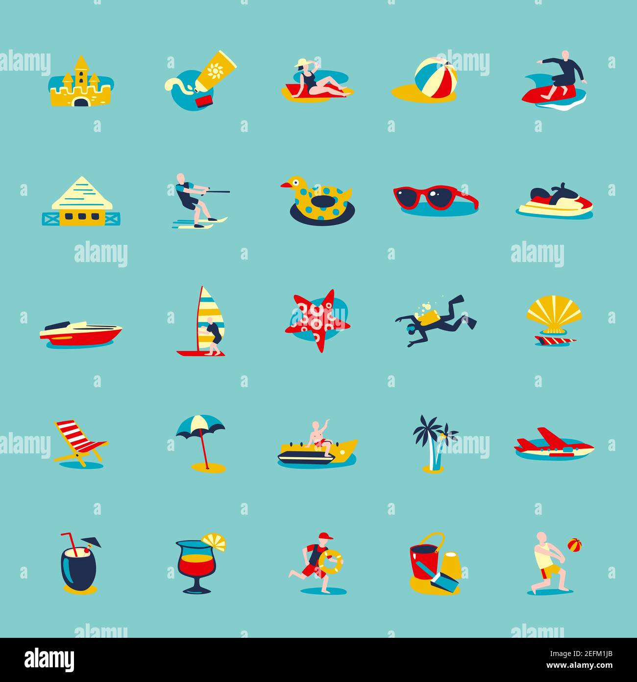 Summer beach vacation symbols people and accessories retro icons ...