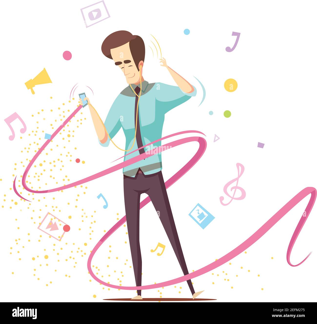 Man listening music with earphones and audio player design concept with ...