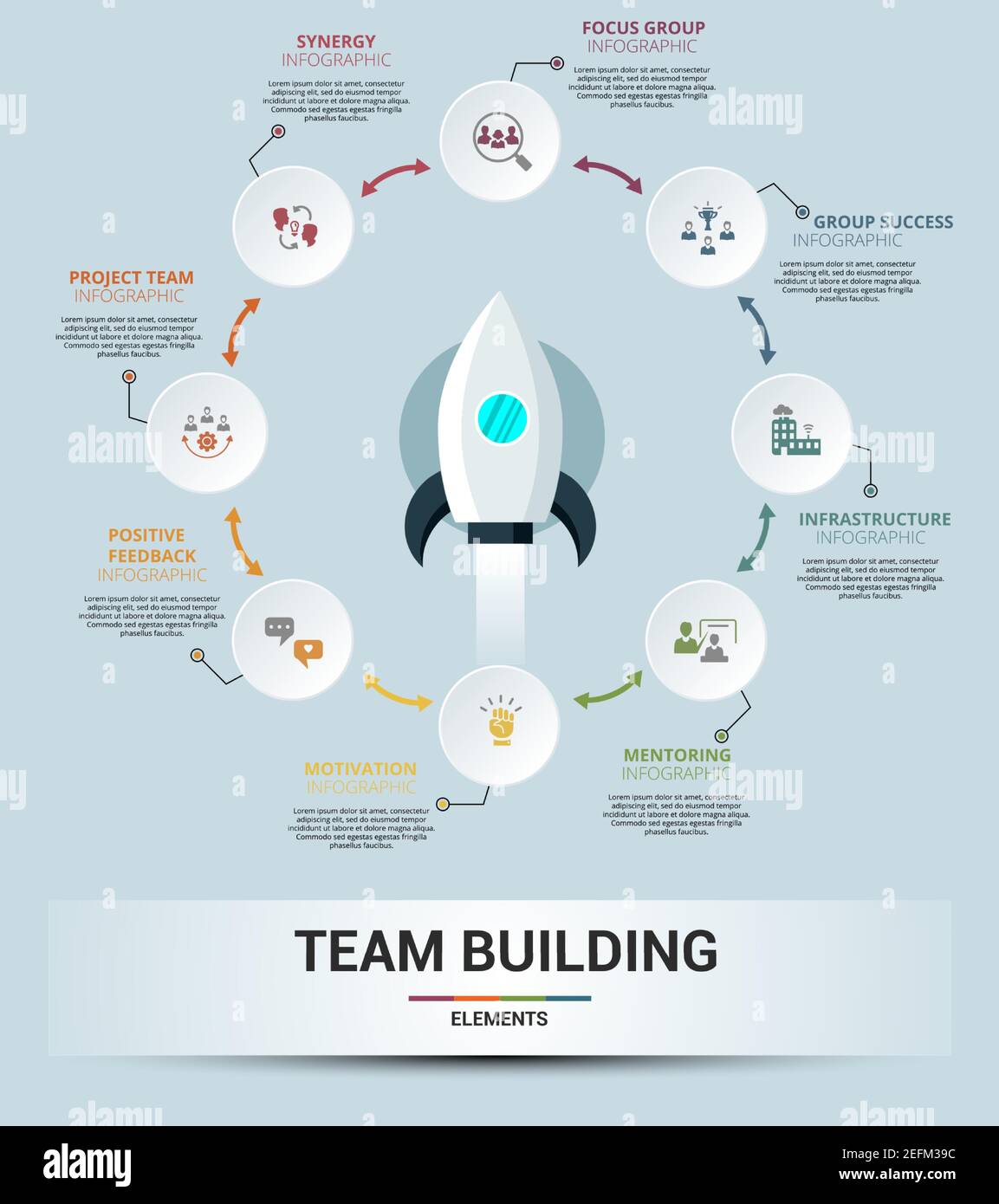 Infographic Team Building template. Icons in different colors. Include ...