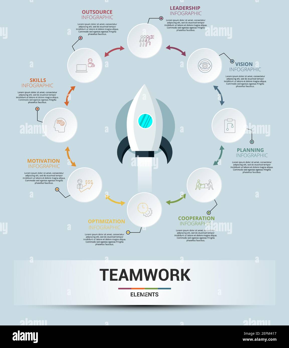 Infographic Teamwork template. Icons in different colors. Include ...