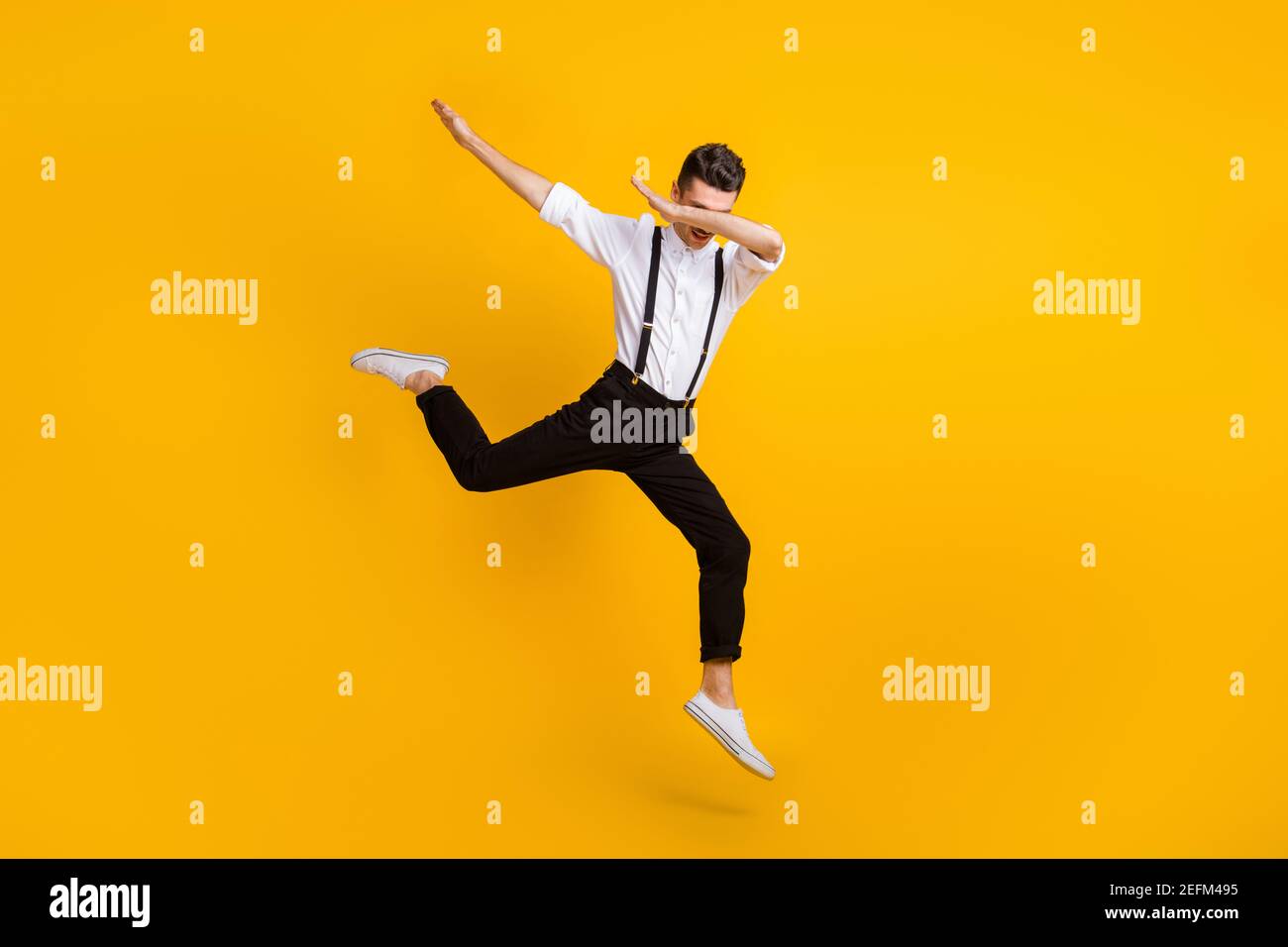 Full length body size photo of jumping man dancing hip-hop showing hype ...