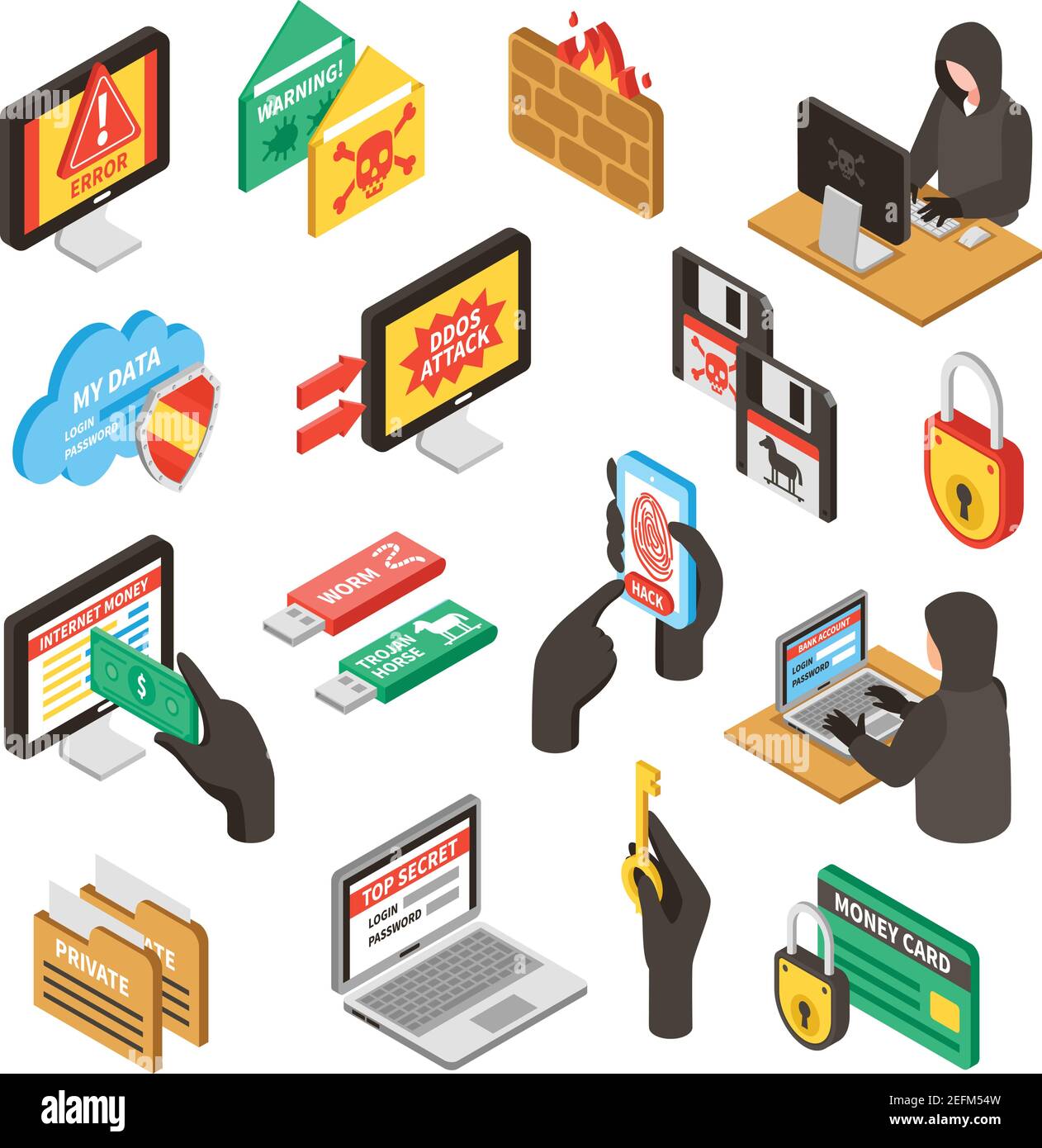 Internet hacker attack and personal data security 3d isometric icons set isolated on white ...