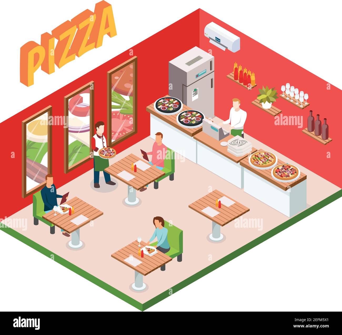 Isometric pizzeria background with restaurant visitors and attendants 3 ...