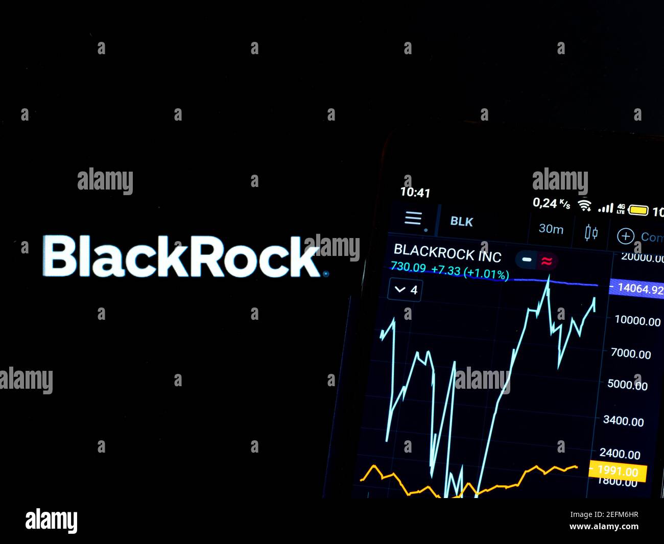 In this photo illustration the stock market information of BlackRock ...