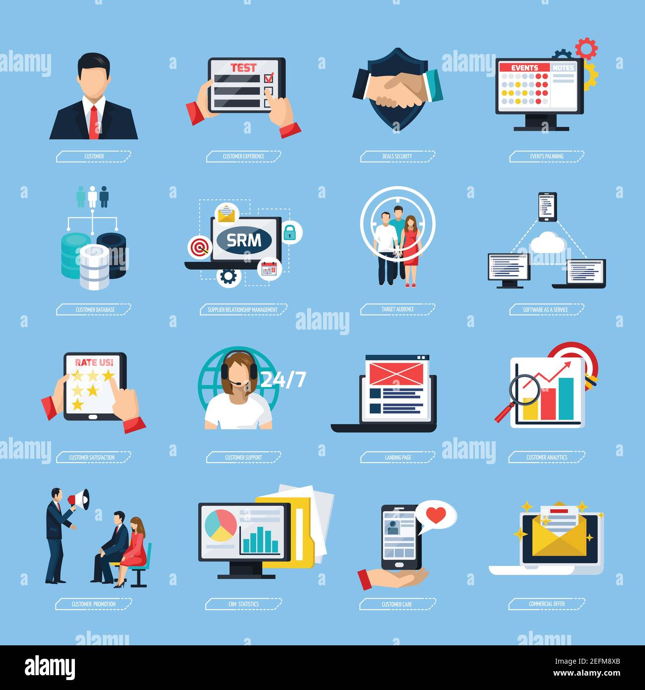 Set of flat icons with crm system including support customer database ...