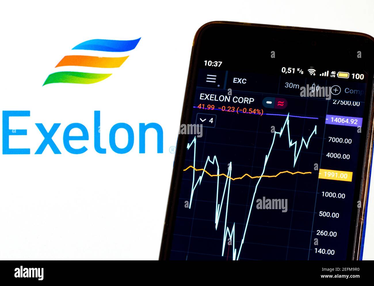 In this photo illustration the stock market information of Exelon ...