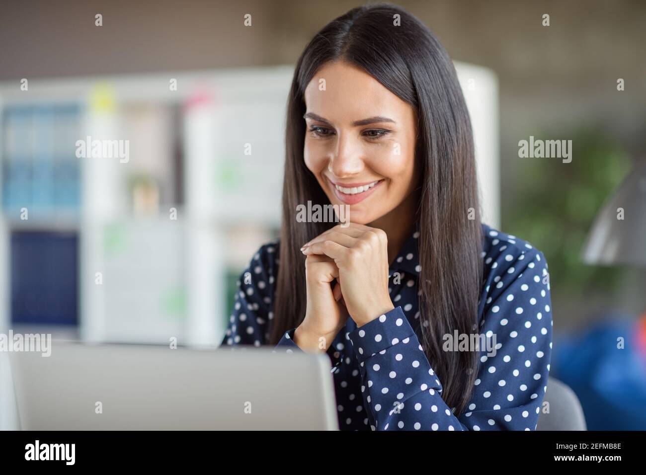 Portrait of young lovely pretty smiling cheerful good mood ...