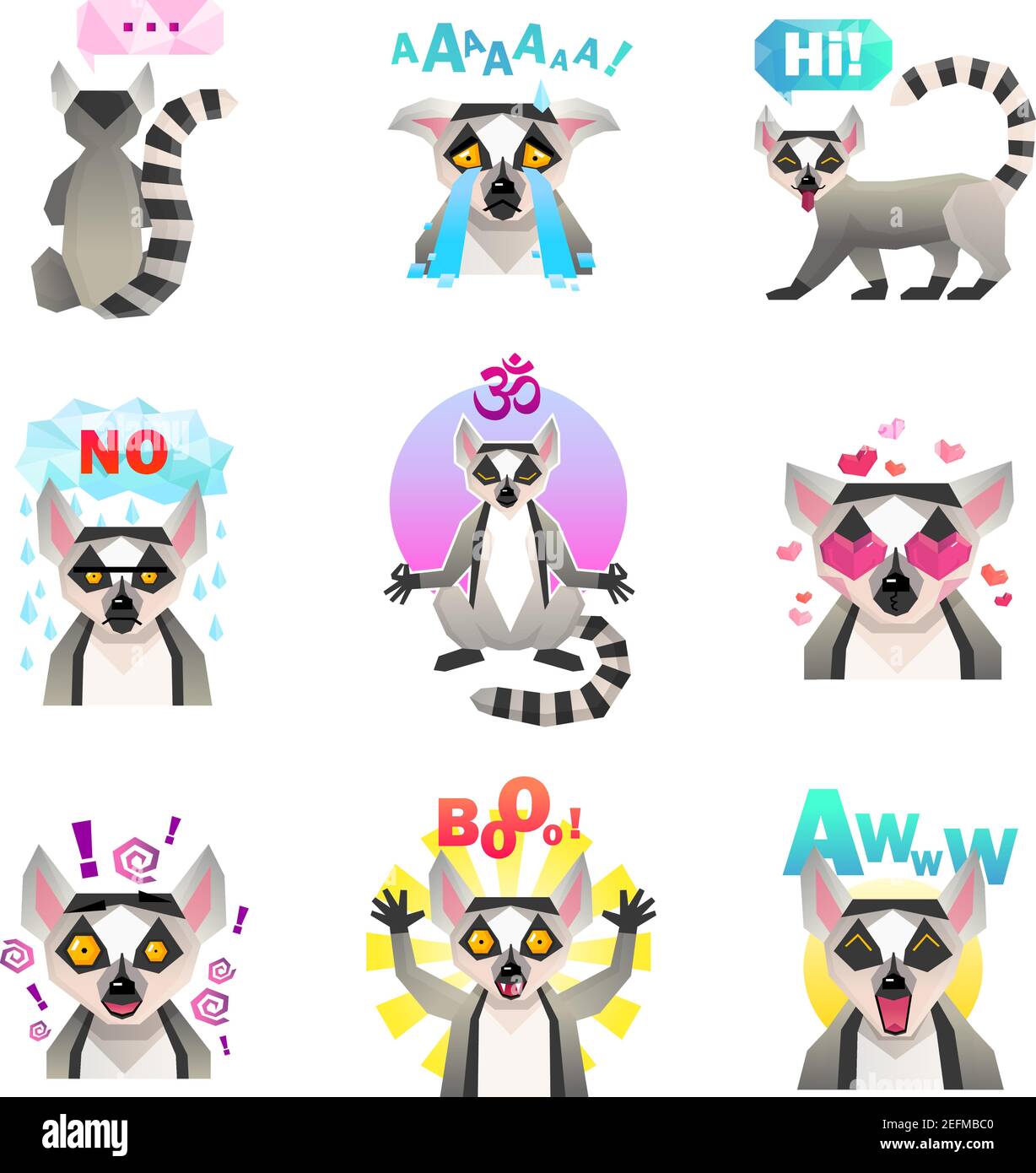 Lemur emotions set of similar flat isolated cartoon macaco character ...