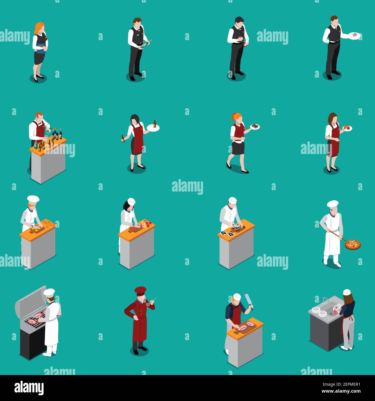 Isometric set with restaurant staff including administrator chef cooks ...