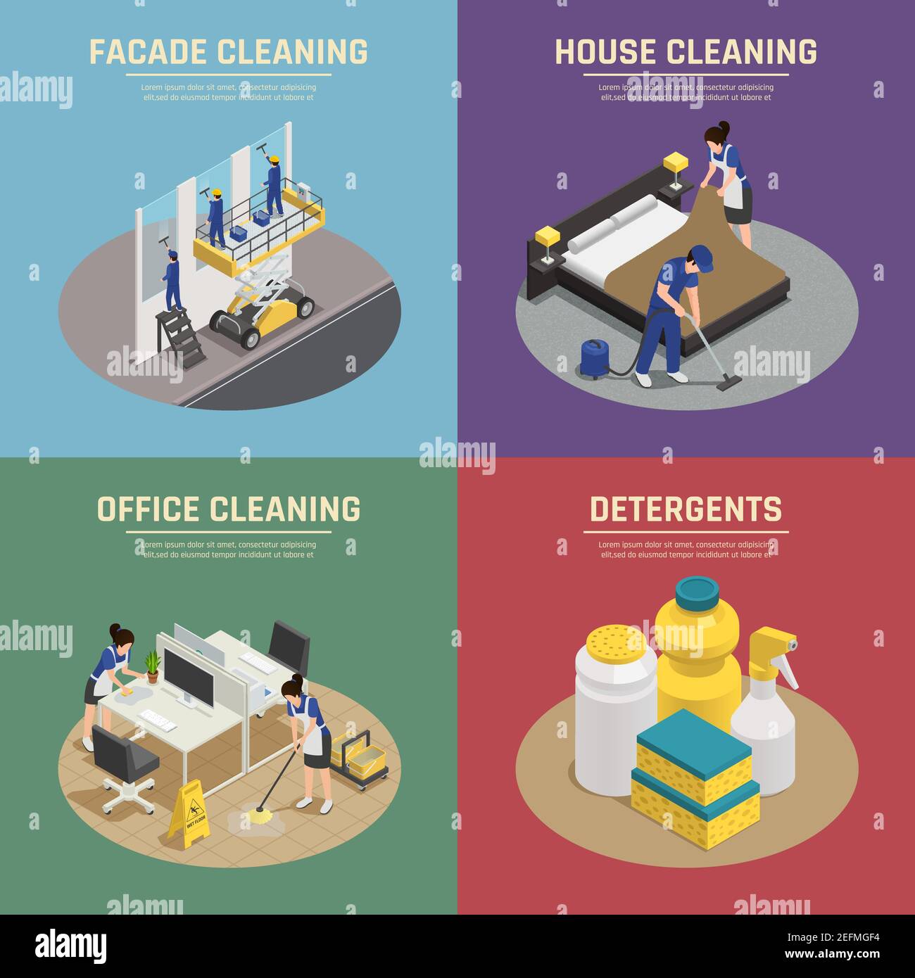 Isometric compositions with professional cleaning of facade buildings ...