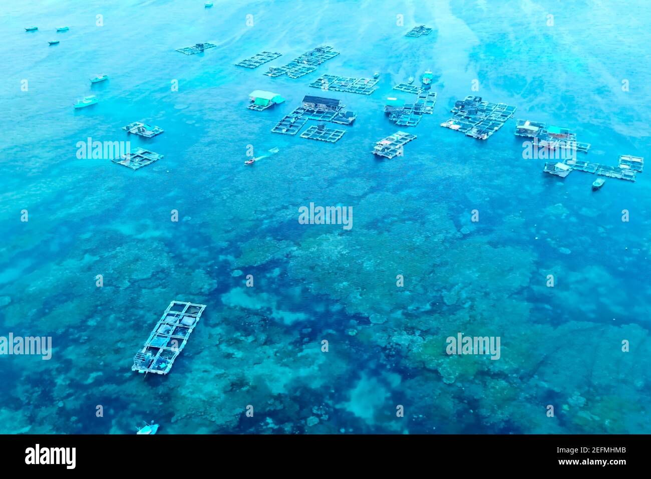 Fish farm in coastal waters. Rectangular cages for fish and crustaceans ...