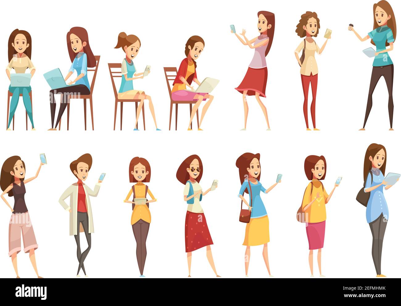Teenager girls characters with phone tablet and laptop retro cartoon ...