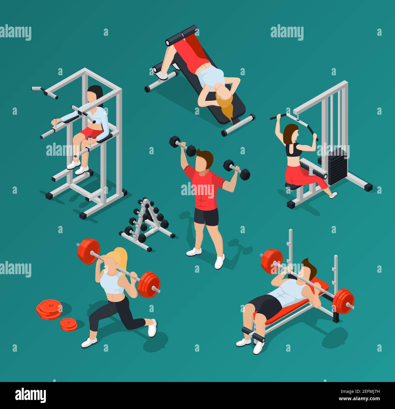 Isolated isometric gym people icon set with Men and women at workout ...