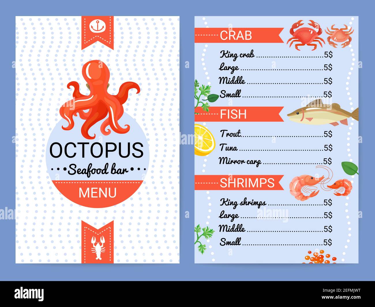 Octopus seafood restaurant bar menu card with crab fish shrimps dishes ...