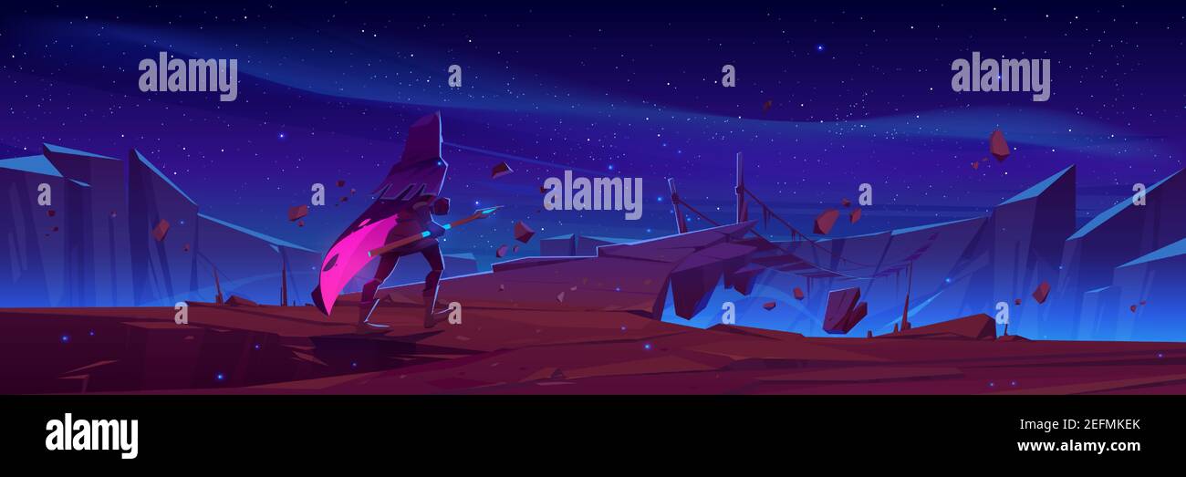 Wizard with magic spear walk to hanging rope bridge over abyss in ...