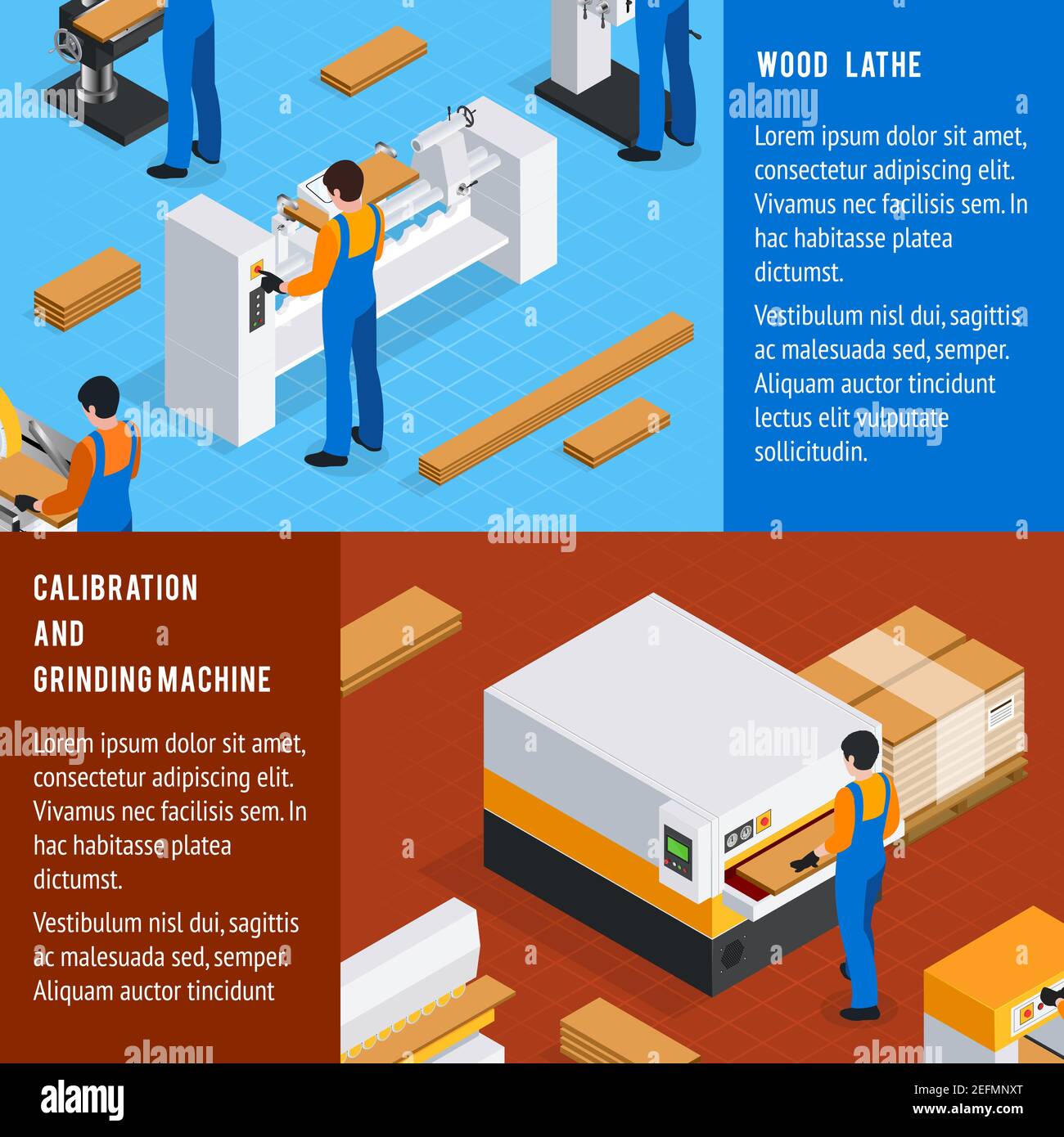 Woodwork horizontal isometric banners set with calibration machine ...