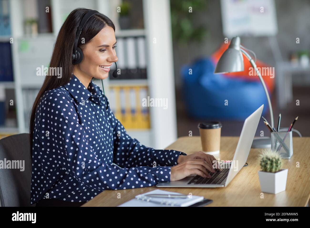 Profile side photo of attractive brunette young woman work call center ...