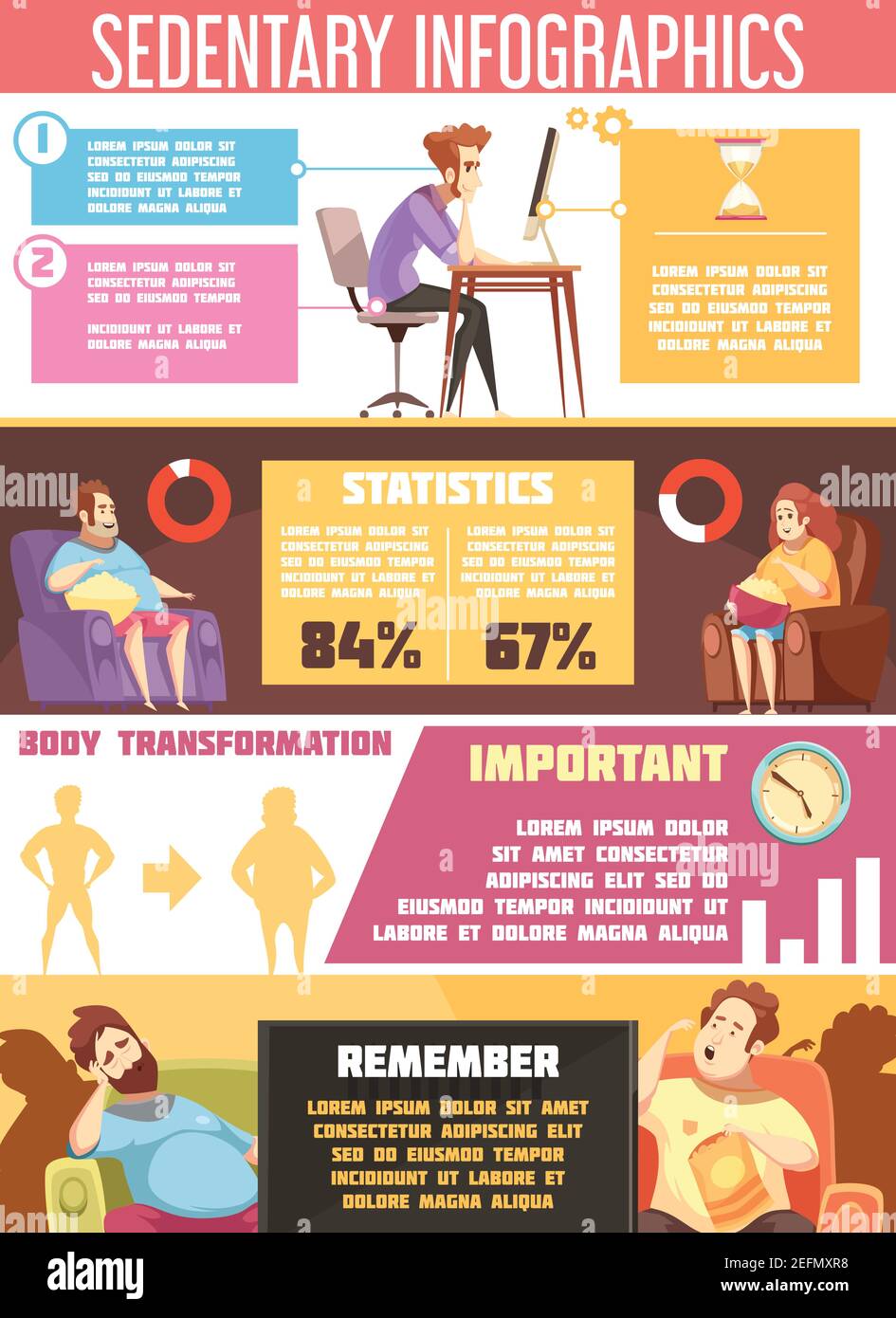 Sedentary lifestyle retro cartoon infographics with information about ...