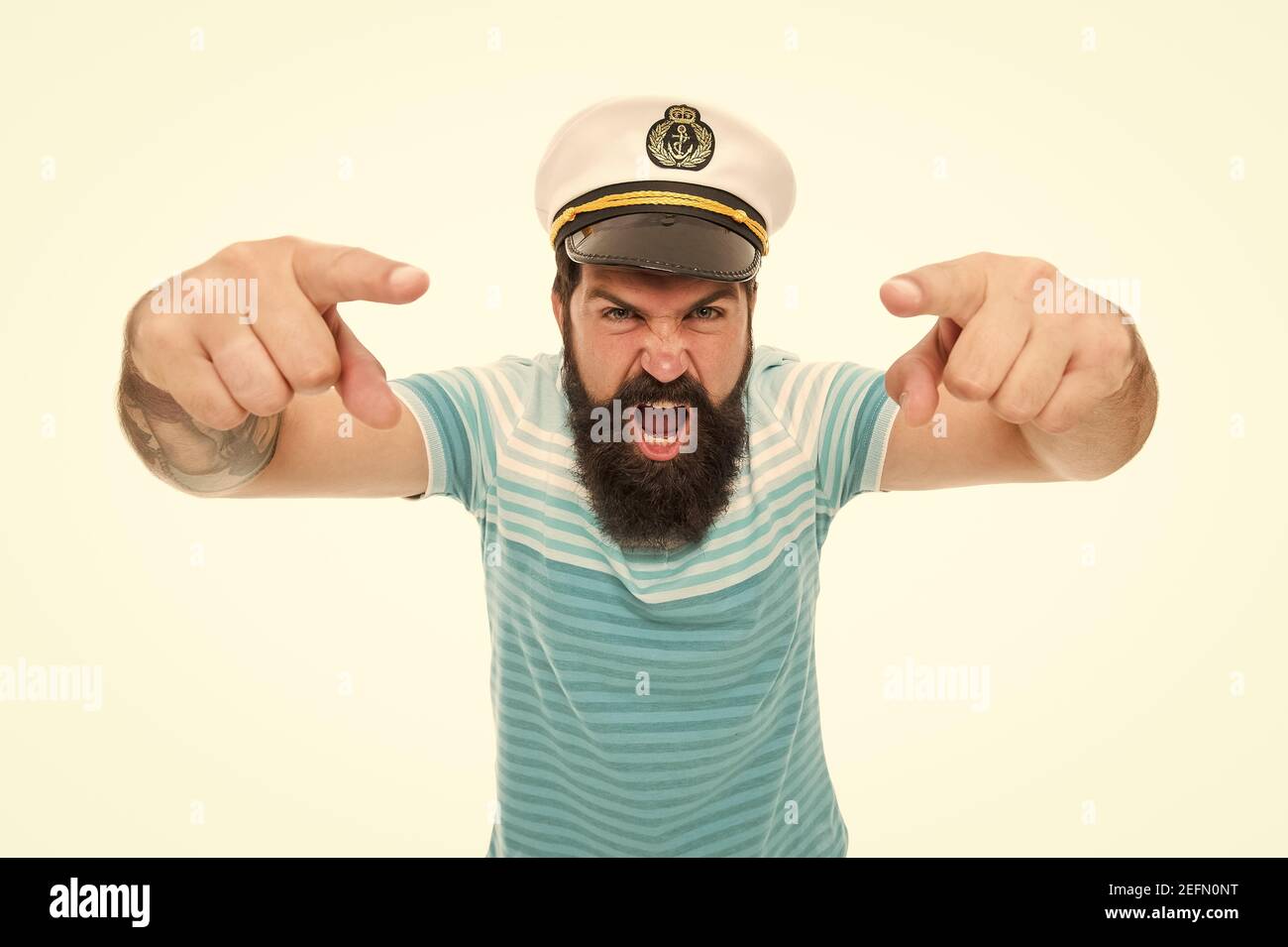 Hey you. Sailor spirit. Bearded sailor pointing camera isolated on ...