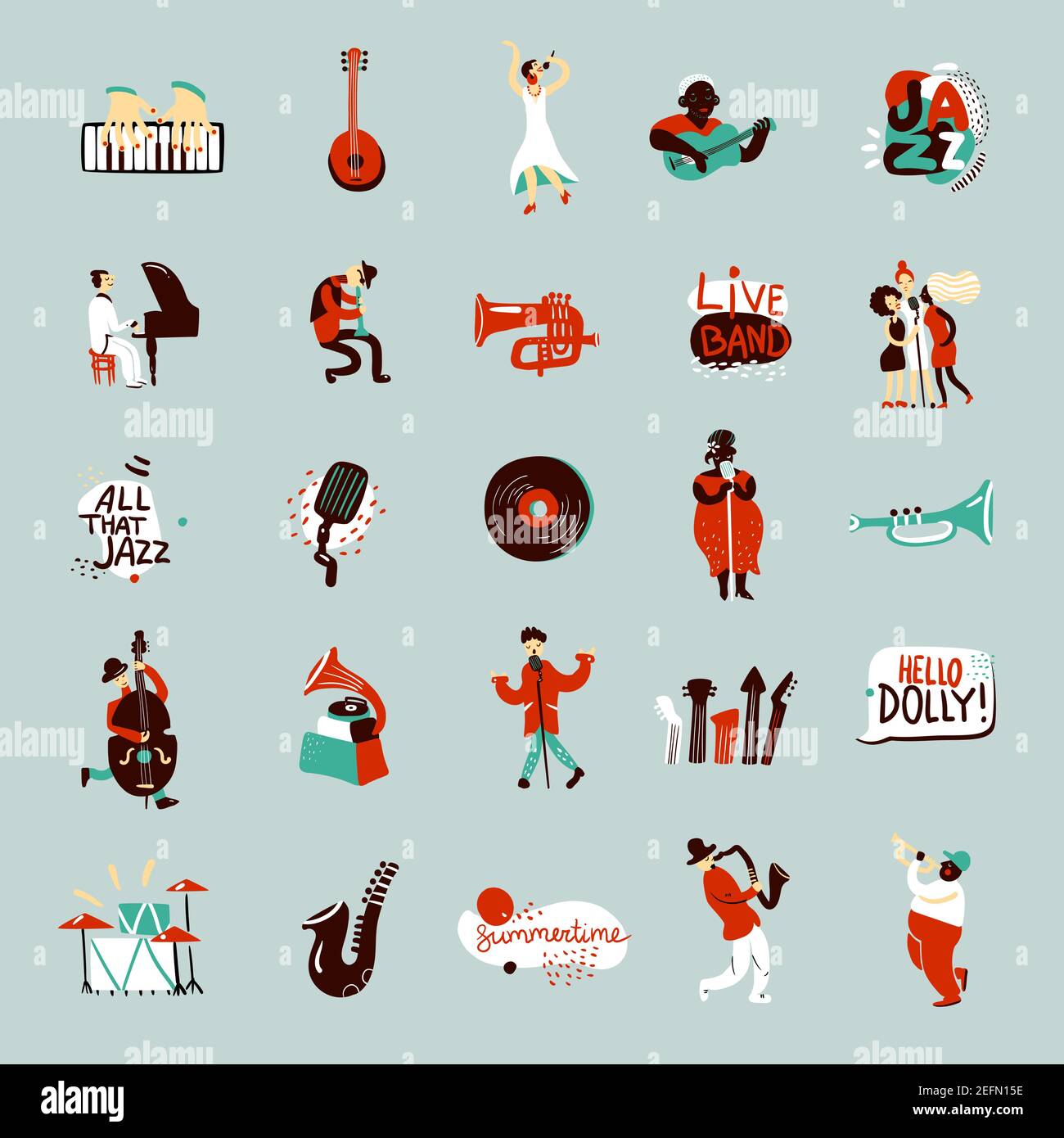 Jazz musicians and various musical instruments flat icons set isolated ...