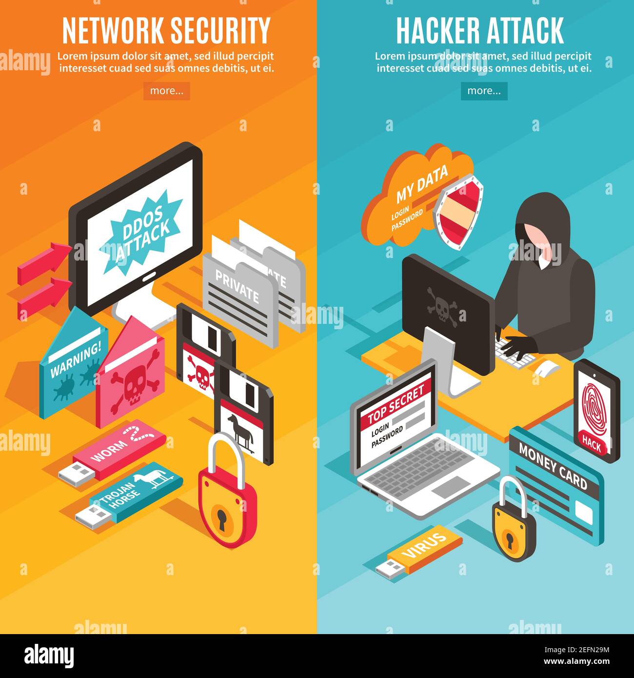 Vertical internet hacker attack and network security colorful banners ...