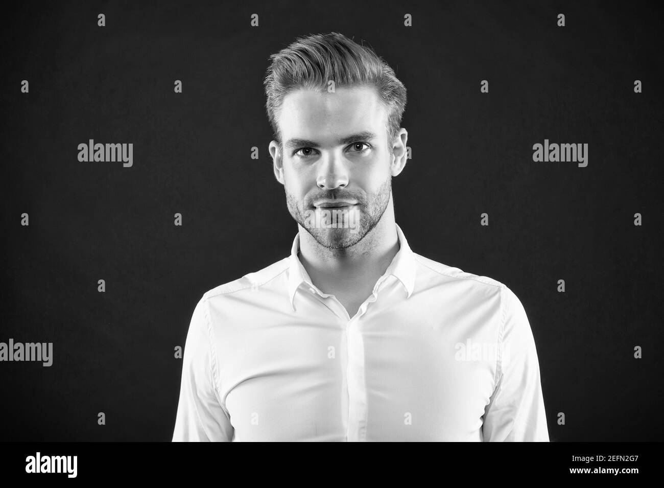 Managing is skill. Junior manager grey background. Office manager in ...