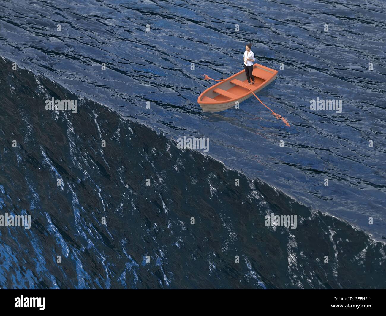 businesswoman sailing on a boat to the abyss Stock Photo - Alamy
