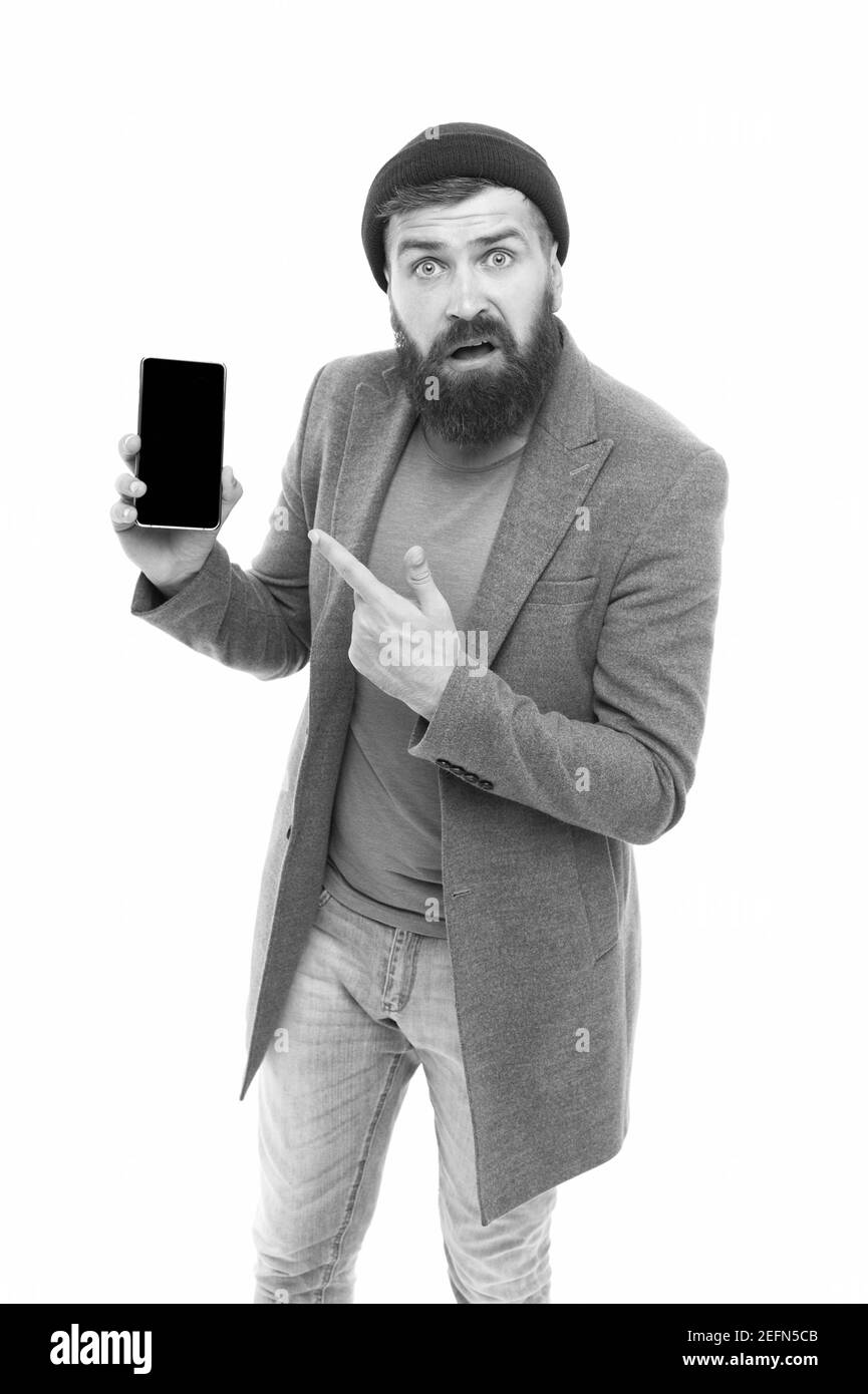 Smart communication at your fingertips. Modern bearded man pointing ...