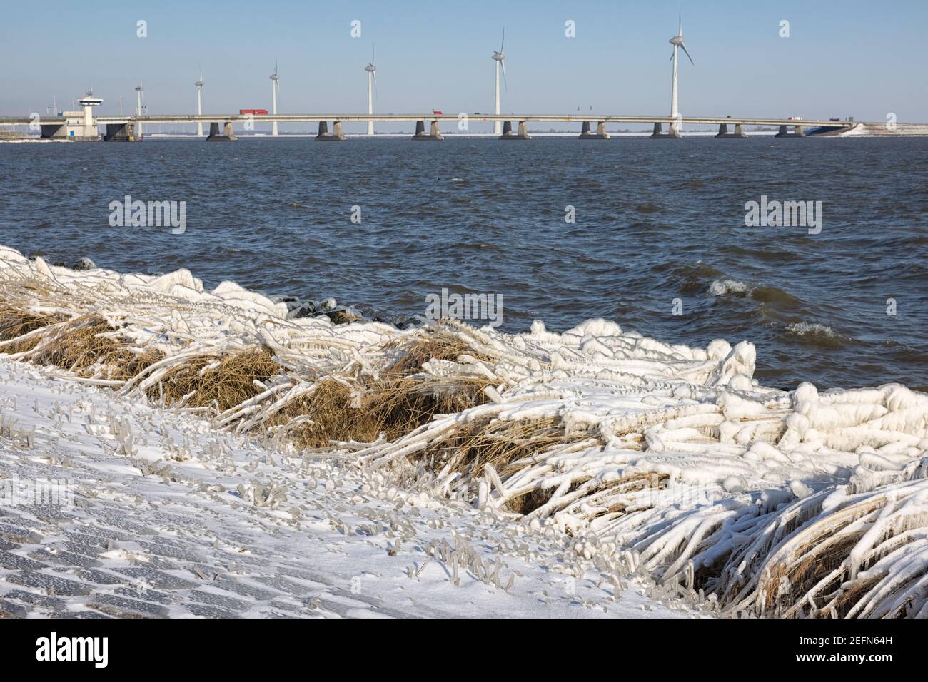 Dutch breakwater with basalt rocks and reed covered with ice Stock ...